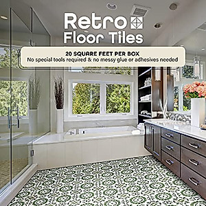 Retro Self Adhesive 12-Inch Vinyl Floor Tiles, 20 Tiles - 12" x 12", Green Medallion Pattern - Peel & Stick, DIY Flooring for Kitchen, Dining Room, Bedrooms & Bathrooms by Achim Home Decor