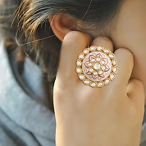 I Jewels Gold Plated Indian Wedding Bollywood Mint Enamel/Meena Work Ring Glided with Uncut Polki Kundans for Women (FL167W)