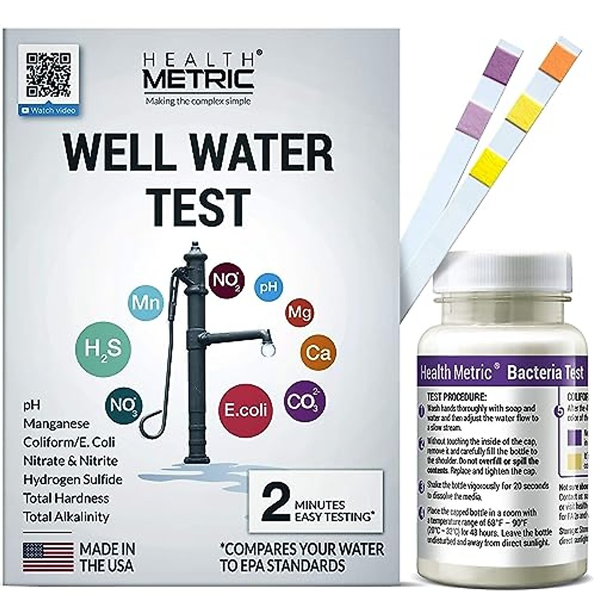 Well Water Test Kit for Drinking Water - Quick and Easy Home Water Testing Kit for Bacteria Nitrate Nitrite pH Manganese & More | Made in The USA in Line with EPA Limits [NO MAILING Required]