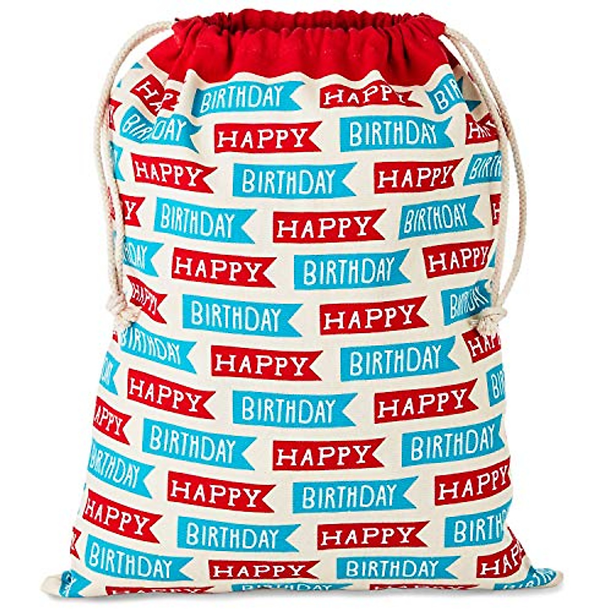 Hallmark 19" Large Birthday Drawstring Gift Bag (Red and Blue "Happy Birthday" Flags) for Kids, Grandchildren, Adults, Coworkers, Friends