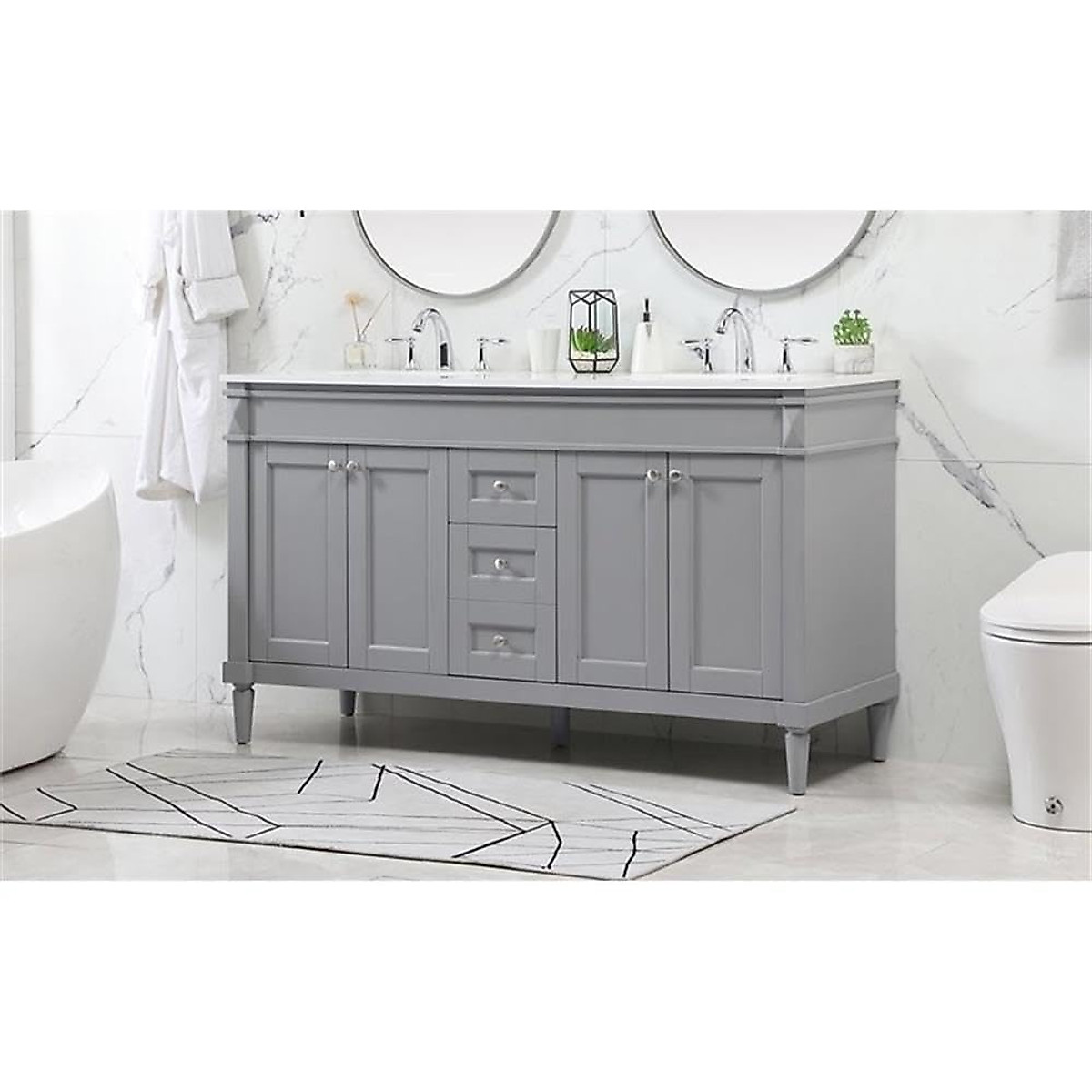 Elegant Decor Indoor Modern Under Sink Bathroom Fixtures Storage Organizer Cabinet 60 inch Double Bathroom Vanity - Grey