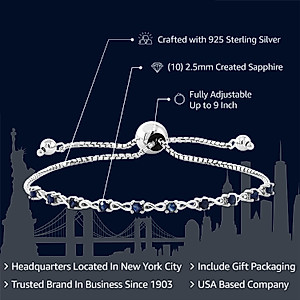 Gem Stone King 925 Sterling Silver Blue Created Sapphire Adjustable Bracelet For Women (0.50 Cttw, Round Cut 2.5MM, Gemstone Birthstone, Fits Up To 9 Inch Wrist)