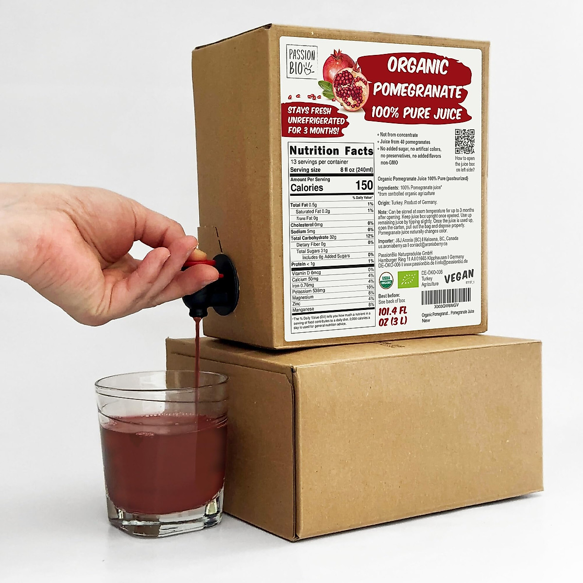 Organic Pomegranate Juice Box 101.4 Fl Oz | 100% Pure Pomegranate Juice, No Added Sugar, Not From Concentrate | Vegan, Organic, Non GMO, Natural Unsweetened Pomegranate Juice