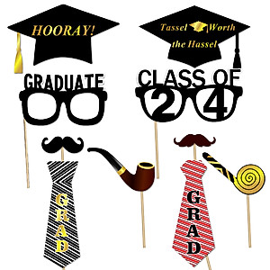 Graduation Photo Booth Props (50Count), Konsait Large Graduation Photo Props Class of 2024 Grad Decor with Sticks for Kids Boy Girl, Black and Gold, for Graduation Party Favors Supplies Decorations