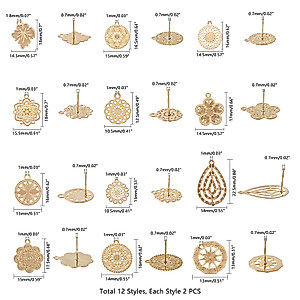 UNICRAFTALE 24pcs 12 Styles Golden Bohemian Stud Earring Findings Stainless Steel Ear Stud Component with Loop Butterfly Stoppers 0.7mm Pin Mixed Shapes Earring for Jewelry Making, Hole 1mm