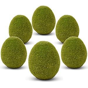 6 Easter Green Mossy Eggs Spring Decor Artificial Fuzzy Flocked Moss Balls Decorative Holiday Furry Covered Egg for Indoor Home Kitchen Table Shelf Bowl Decorations & Outdoor Garden Yard Potting Craft