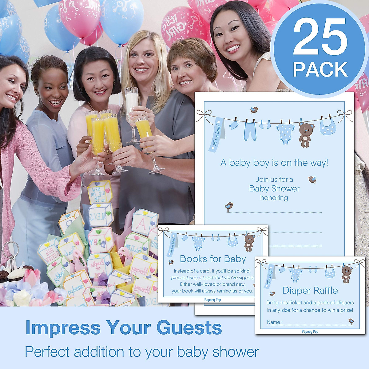 Set of 25 Baby Shower Invitations for Boy with Envelopes, Diaper Raffle Tickets and Baby Shower Book Request Cards