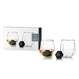 Viski 4-Piece Tumbler and Basalt Stone Set, Set of 2 Glasses, Rocks Glass with Whiskey Stones, Faceted and Hexagonal Design, Set of 4