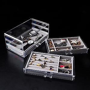 Acrylic Jewelry Organizer Box, Velvet Jewellry Clear Display Case, 3 Drawers Stackable Ring Earring Necklace Bracelet Display Storage for Women Girls Kids Gift