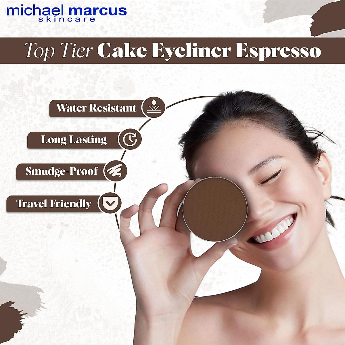 michael marcus Makeup Cake Eye Liner & Eyeliner Brush (Espresso) - Water Activated Dry Pressed, Long-Lasting & Smudge Resistant Eyeliner - Cruelty & Paraben Free - For Beginner & Pro Makeup Artist