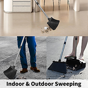 Tiumso Broom with Dustpan Combo Set 3-Pack, Brooms and Dustpans Sets with Long Handle, Industrial Broom and Dust Pan for Kitchen Shop Warehouse Lobby Patio Deck Garage - Black