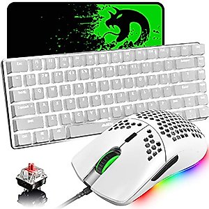 Gaming Keyboard and Mouse,3 in 1 White LED Backlit Wired Mechanical Keyboard Red Switch,RGB 6400 DPI Lightweight Gaming Mouse with Honeycomb Shell,Gaming Mouse Pad for PC Gamers(White)