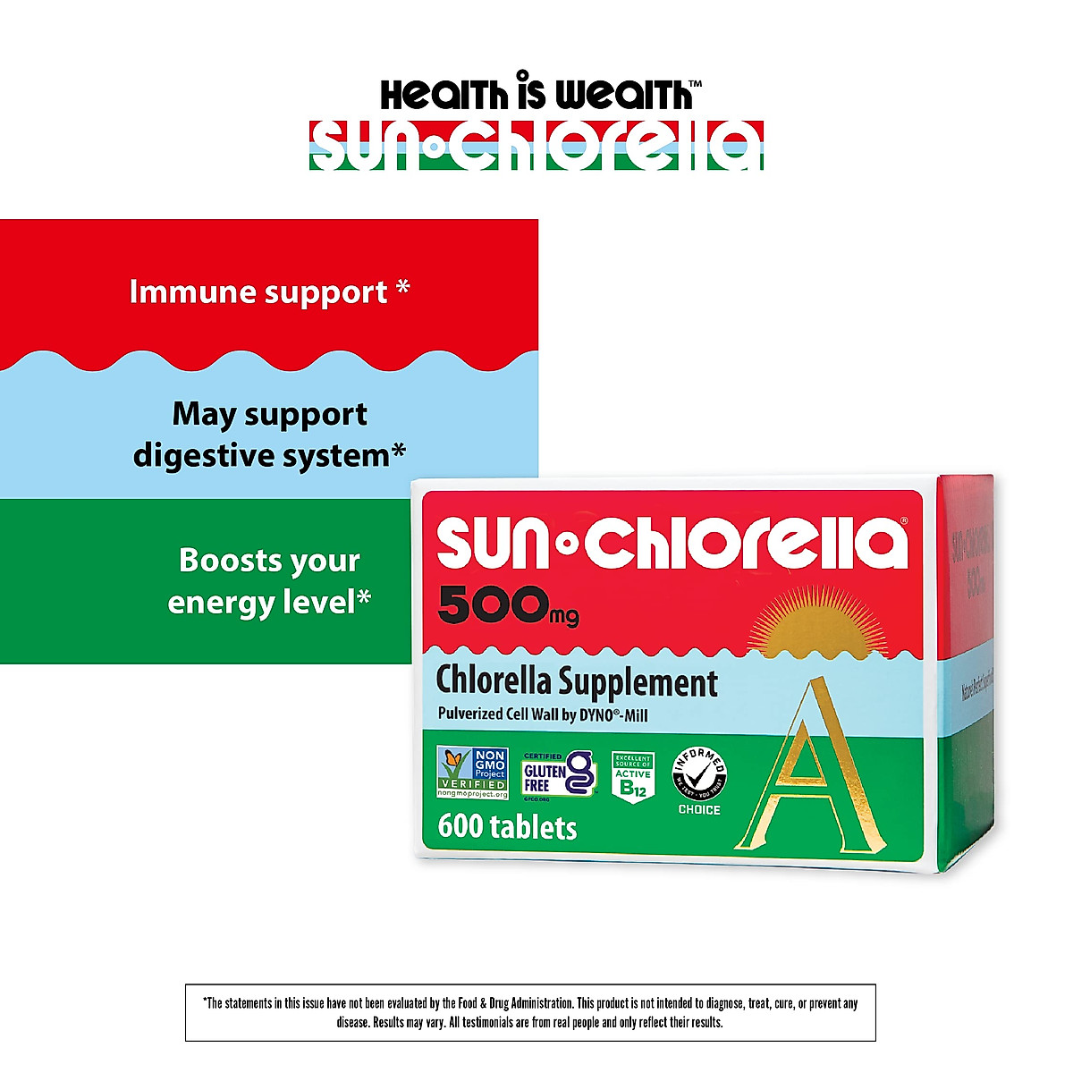 Sun Chlorella 500mg Whole Body Wellness Green Algae Superfood Supplement - Immune Defense, Gut Health, Natural Purification, Energy Boost - Chlorophyll, B12, Iron, Protein - Non-GMO - 600 Tablets