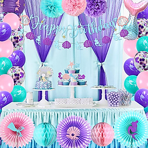 Ouddy Life Mermaid Birthday Party Decorations, 48Pcs Happy Birthday Banner Jellyfish Lantern Cake Topper Mermaid Balloons for Little Mermaid Theme Birthday Baby Shower Ocean Party Supplies Favors Girl