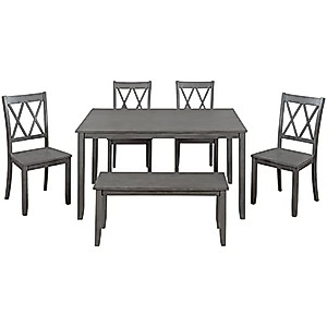 6 Piece Wooden Kitchen Dining Table Set Farmhouse Rustic Dining Table Set with Cross Back 4 Chairs and 1 Bench