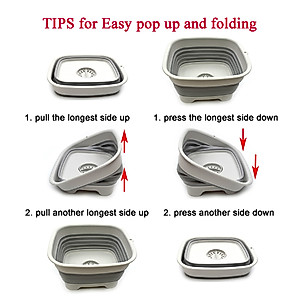 SAMMART 9.1L (2.4Gallon) Collapsible Dishpan with Draining Plug - Foldable Washing Basin - Portable Dish Washing Tub - Space Saving Kitchen Storage Tray (1, Grey)