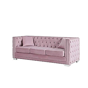 Iconic Home Christophe Sofa Velvet Upholstered Button Tufted Nailhead Trim Shelter Arm Design Silver Tone Metal Block Legs Modern Transitional, Pink