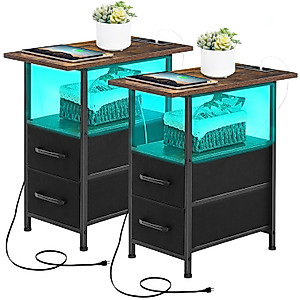 LAKEMID Narrow Side Table Set 2 with LED Light and USB C Port, Night Stand with Charging Station, Skinny End Table with 2 Fabric Drawers, for Bedroom, Living Room, Rustic Brown