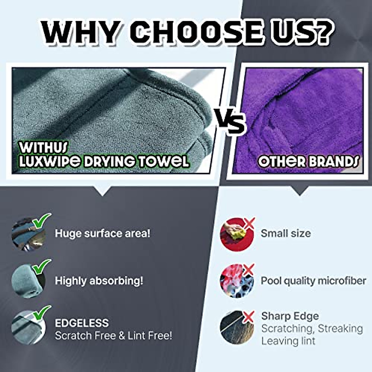 WITHUS LuxWipe Korean Microfiber Towels for Cars - Large Size for Cleaning, Drying & Car Care, Premium Cloth Featuring Lint-Free Edge-Less to Prevent Scratching 20 x 28
