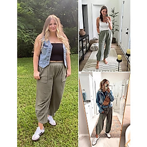 Xiaoxuemeng Womens Baggy Wide Leg Pants Casual Elastic Waisted Palazzo Harem Pants with Pockets (Green-M)