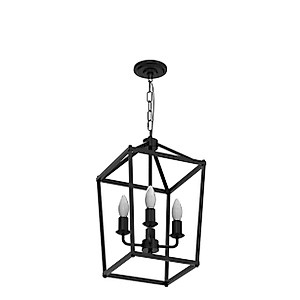 GZJunYo 4-Light Black Farmhouse Chandelier Light Fixture Iron Lantern Pendant Light Metal Cage Kitchen Hanging Light Fixtures for Kitchen Island, Dining Room, Entryway, Foyer, Hallway