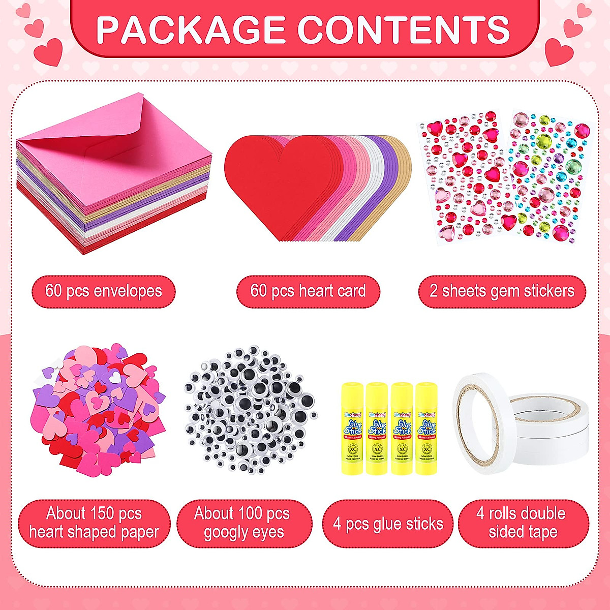 Yexiya 380 Pcs Valentine's Day DIY Craft Kit Valentine's Day Ornaments Decorations Paper Heart Cards with Googly Eyes Gem Sticker Envelopes for Kid Valentines Game Activity Party Supplies