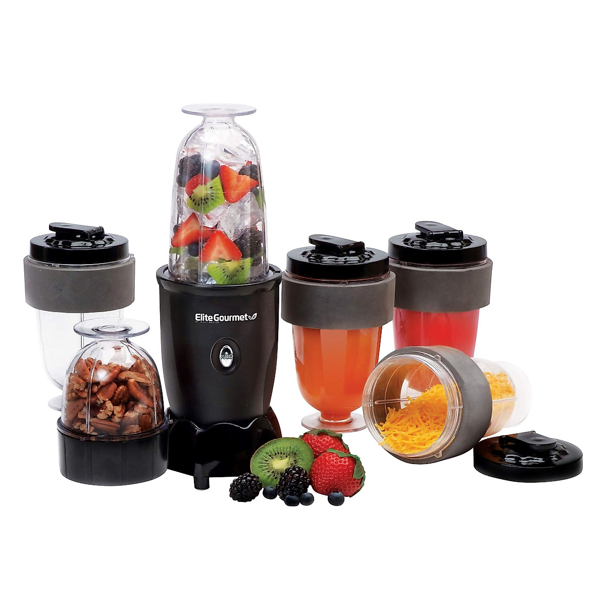 Elite Gourmet EPB-1800 17-Piece Personal Drink Mixer Blender, Sports Blender 16 Oz capacity, Includes Chopping and Blending Blade, Drink Lids and Extra Cups