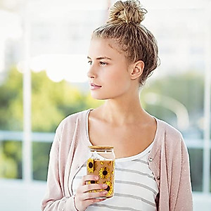 Whaline Glitter Sunflower Beer Can Glasses with Bamboo Lids and Straw Summer Sunflower Drinking Glasses Iced Coffee Cup for Holiday Travel Cocktails Whiskey Beer Soda Gifts, 2Pcs