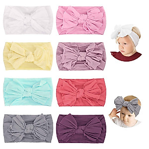 Makone 8pcs Baby Girls Headbands with Bows, Nylon Stretchy Hair Bands Hair Bow Elastics Hair Accessories for Newborn Baby Infant Toddlers Kids
