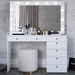Boahaus Serena Modern Makeup Vanity with Hollywood Light Bulbs Add-On, 7 Drawers, Wide Mirror, Glam Glass Top for Bedroom