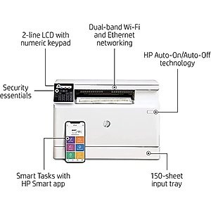 HP Color Laserjet Pro MFP M182nw All-in-One Wireless Laser Printer, White - Print Scan Copy - 17 ppm, 600 x 600 dpi, 8.5 x 14, 2-Line LCD with Numeric Keypad Display, Ethernet, Cbmou Printer Cable