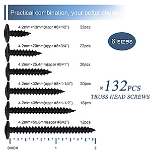 JEGONFRI #8 Modified Truss Head Black Wood Screws Assortment Kit, 132 pcs, Phillips Drive, Wood Screws, Screws, Screws Assortment, Screws Set, 6 Sizes (1/2”, 3/4”, 1”, 1-1/4”, 1-1/2”, 2”) (Black)