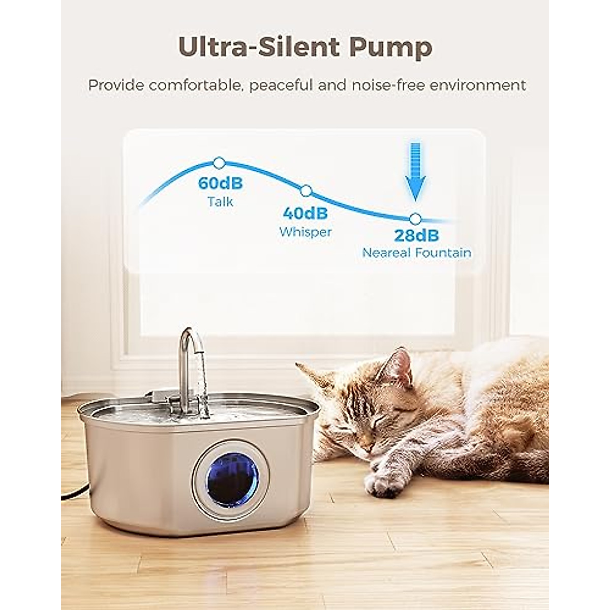 Cat Water Fountain Stainless Steel: 3.2L/108oz Large Automatic Quiet Pet Water Fountain - Dog Water Dispenser with Water Level Window - Multiple Pets - 4 Filter Replacement