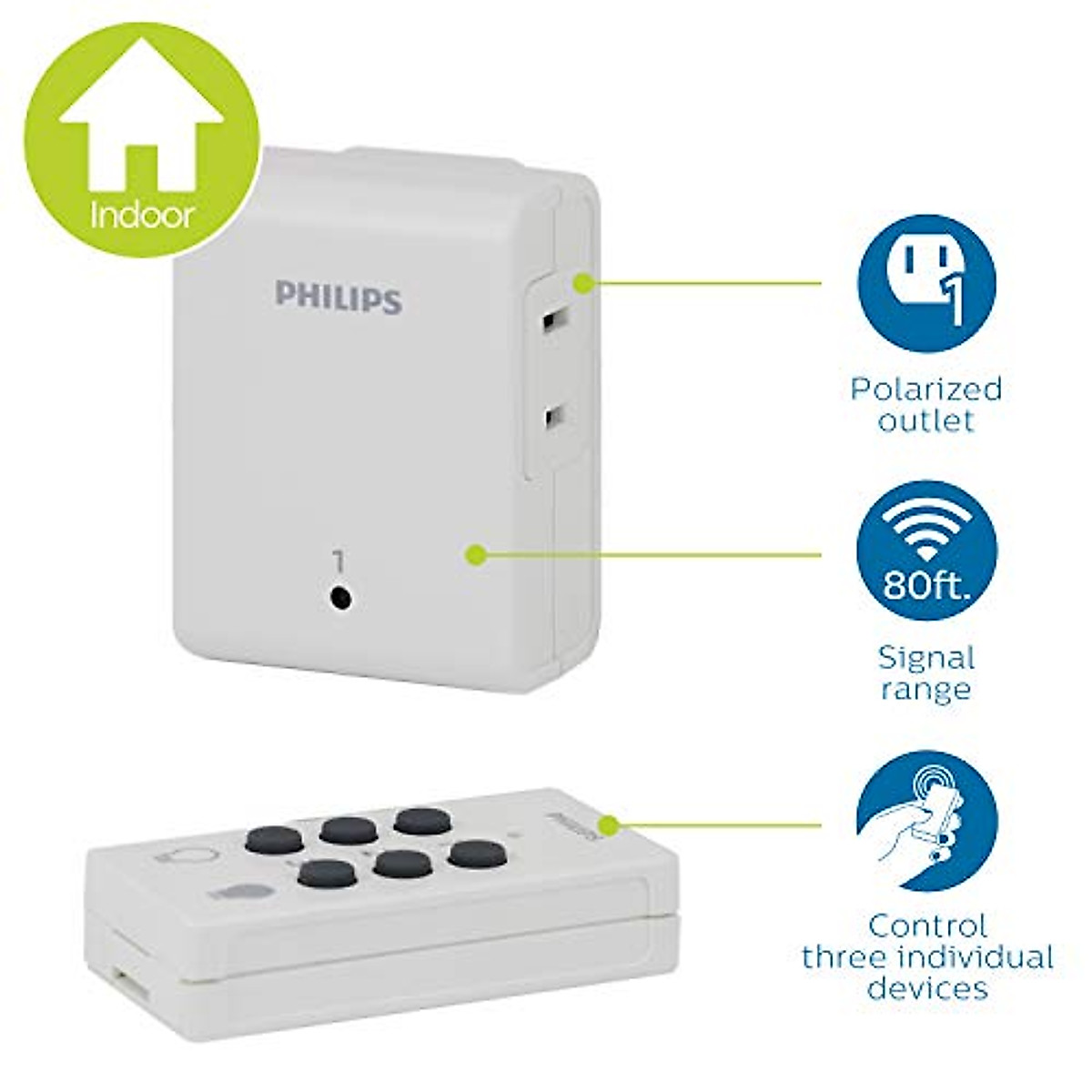 Philips Indoor Lighting Control with Wireless Remote Switch, 3 Receivers, ON/OFF Control, 1 Polarized Outlet Each, 80ft. Signal, Ideal for Lamps, Seasonal Lighting, LED, SPC1235AT/27