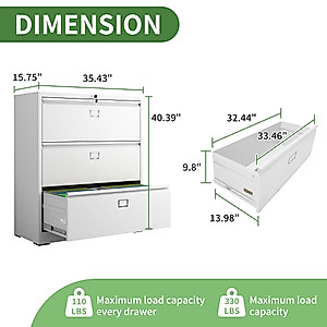 VIYET Lateral File Cabinet with Lock,3 Drawer Metal Filing Cabinets for Home Office,Storage Cabinet for Hanging Files Letter/Legal/F4/A4 (White)
