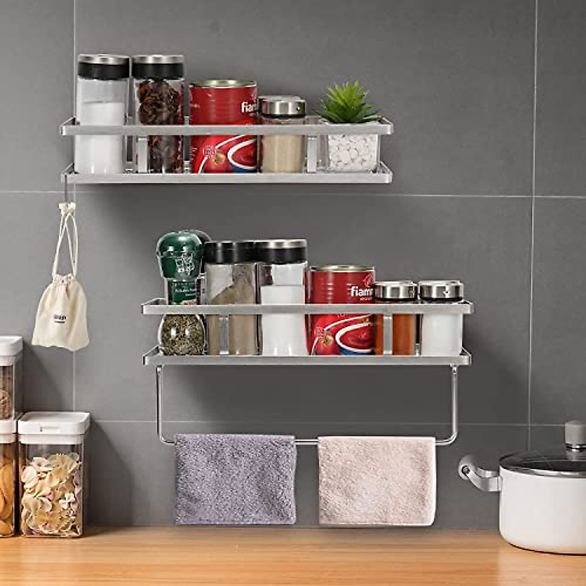 LKKL Shower Caddy Shelves - 5 in 1 Shower Shelf Bathroom Accessories - Bathroom Shelves Wall Mounted Shower Rack Organizer 2 Pack Basket Shelf, 2 Hooks, 1 Towel Holder(Brushed Nickel)