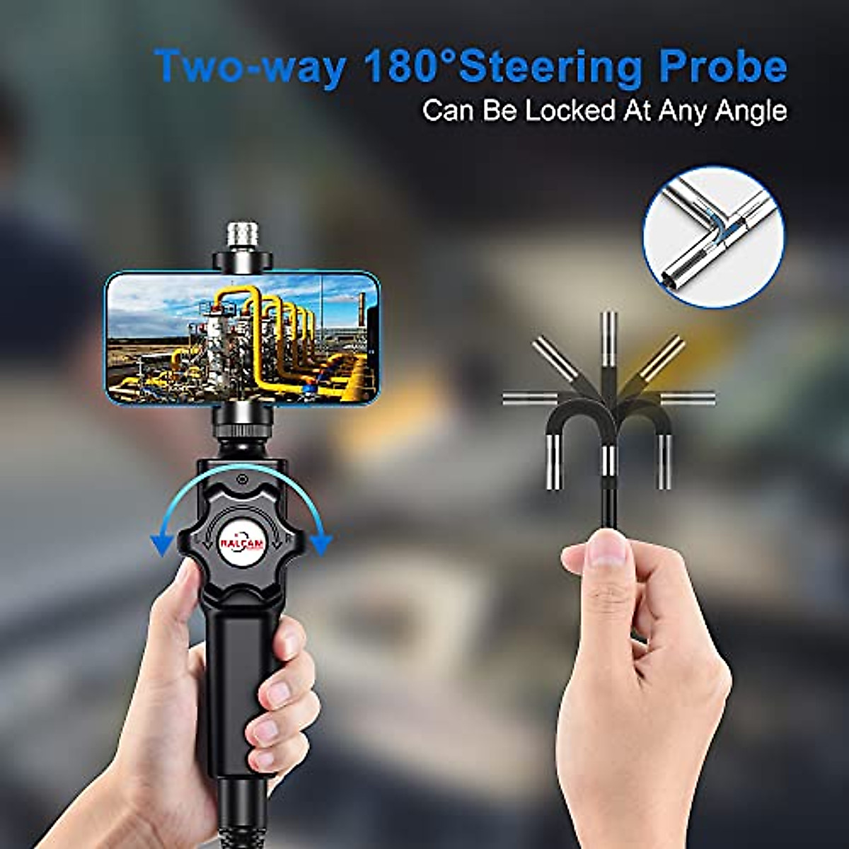 Articulating Borescope with 8 Adjustable LED Light, Ralcam 8.5mm/0.33inch Borescope Inspection Camera with Two-Way Articulated Head,HD 1080P Endoscope Automotive Scope for Smartphone&iPhone