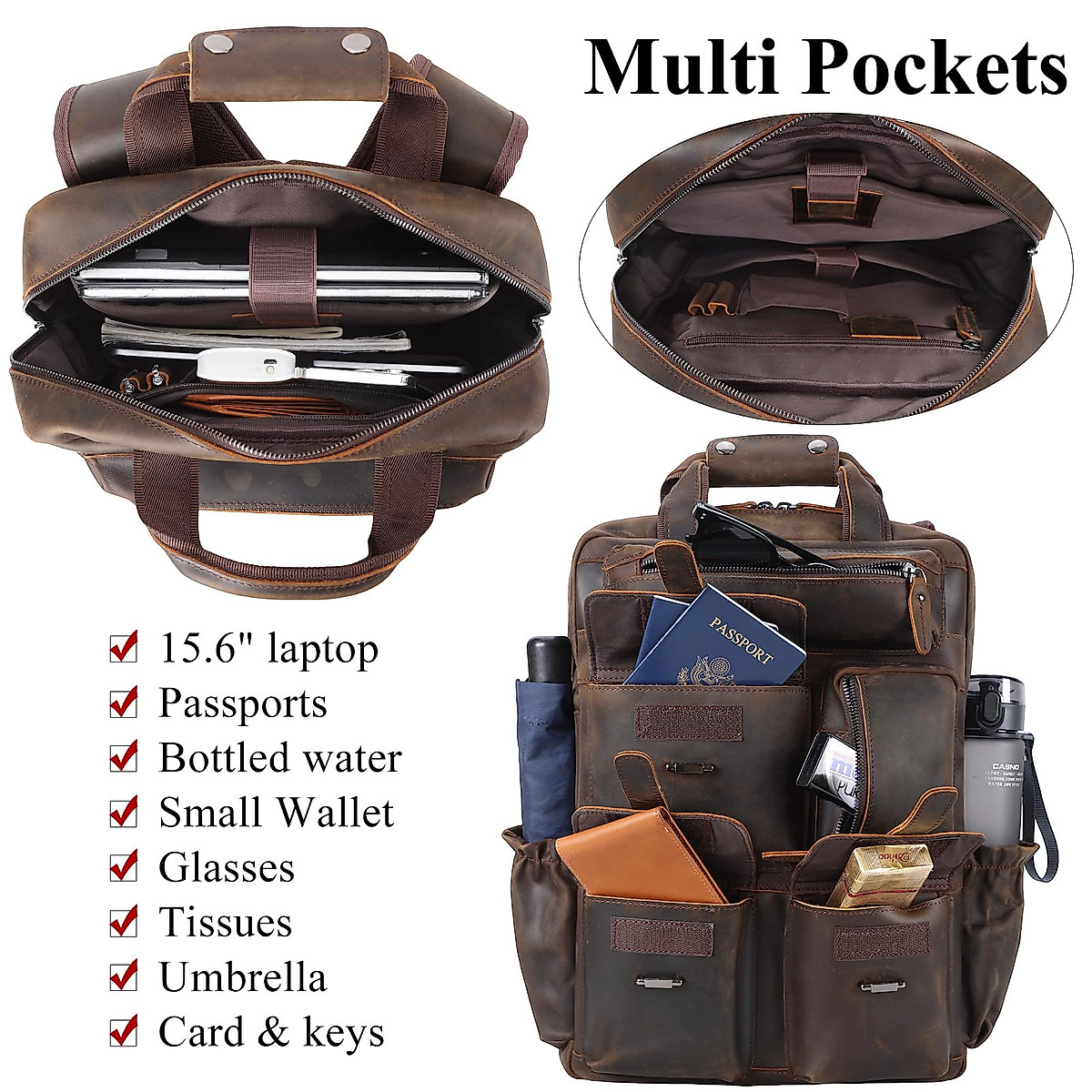 Masa Kawa Genuine Leather Backpack for Men Vintage 15.6 Inch Laptop Bag Multi Pockets Rucksack Casual Travel Daypack Brown