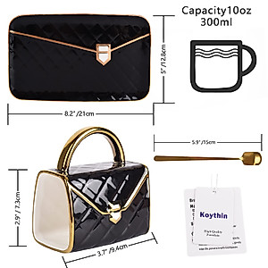 Koythin Ceramic Coffee Mug Saucer Set, Creative Cute Handbag Shaped Cup with Spoon and Saucer for Office and Home, 10 oz/300 ml for Tea Latte Milk (Elegant Black)