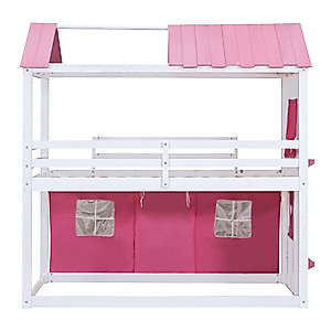 Harper & Bright Designs Full Over Full Bunk Beds for Kids,Wood Sweet Heart Novelty Bunk Bed with Elegant Windows, Sills and Tent,House Bunk Beds for Girls,Boys,Pink+White