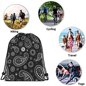 Beabes Paisley Pattern Drawstring Bags Backpack Bag Black White Floral Ethnic Asian Art Seamless Pattern Sport Gym Sack Drawstring Bag String Bag Yoga Bag for Men Women