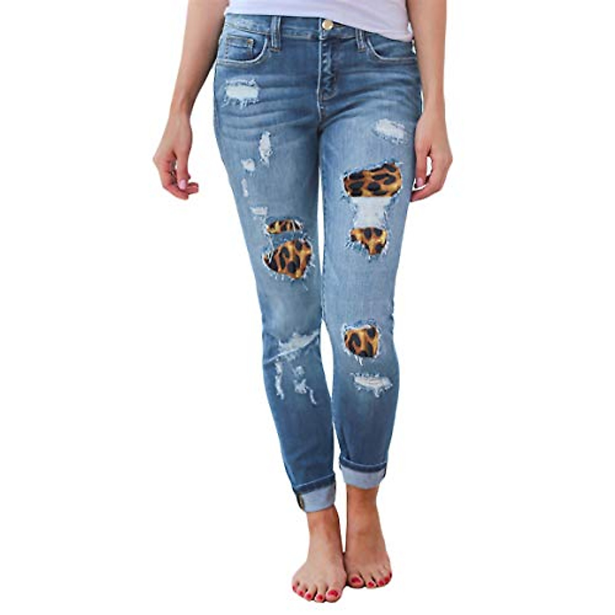 Andongnywell Plus Size Mid Waist Colombian Design Ripped Skinny Jeans (Blue,Large)