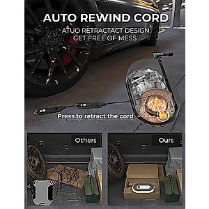 Tire Inflator Portable Air Compressor 150PSI with Pressure Gauge 12v Air Compressor Tire Inflator with Auto Retraction Power Cord, Auto Shut-off and Emergency LED Light By Giraffe Tools