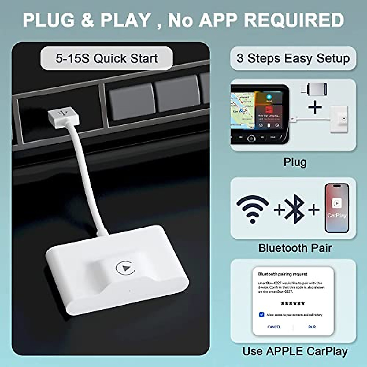 SSUCA CarPlay Wireless Adapter for Factory Wired CarPlay 2023 Upgrade Plug & Play Wireless CarPlay Dongle Converts Wired to Wireless Fast and Easy Use Fit for Cars from 2015 & iPhone iOS 10+