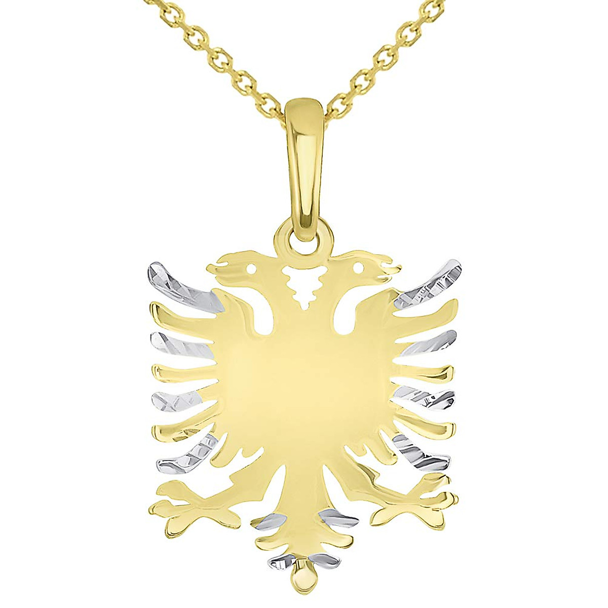 Jewelry America Solid 14k Yellow Gold Double-Headed Eagle National Symbol of Albania Pendant Necklace with Rolo Chain, 20"