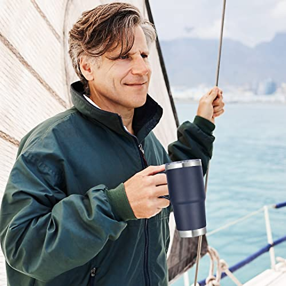 Abbrevi 20 oz Stainless Steel Tumbler with Handle Metal Insulated Coffee Travel Mug with Handle Double Wall Tumbler Cup with Handle and Lid, Navy Blue 1 Pack