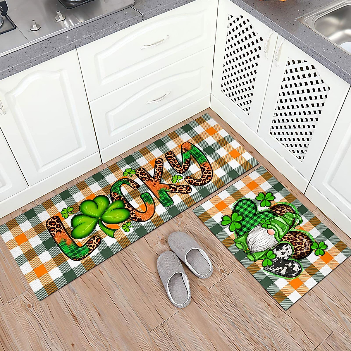 HOLVDENG St. Patrick's Day Gnome Kitchen Mat Set of 2 Non Slip Thick Kitchen Rugs and Mats for Floor Comfort Standing Mats for Kitchen, Sink, Office, 17"x47"+17"x28"