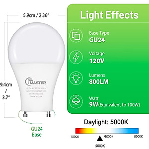 CFMASTER GU24 LED Light Bulb, 5000K Daylight, 9W(100W Equivalent), 800 Lumens, A19 Shape GU24 LED Bulbs, Twist and Lock GU24 Pin Base with Two Prongs, Non-Dimmable, UL ETL Certificated(4-Pack)