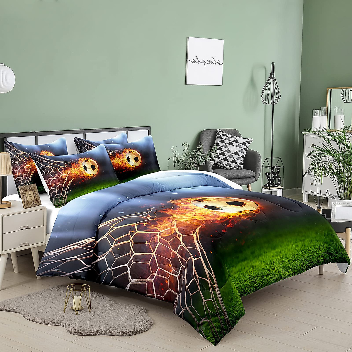 Bodhi Boys Soccer Comforter Set Twin,Sports Bedding Set Twin for Boys Teen Kids,Teen Boy Comforter Set with Matching Pillowcases,Kids Football Bedding Set Twin Size