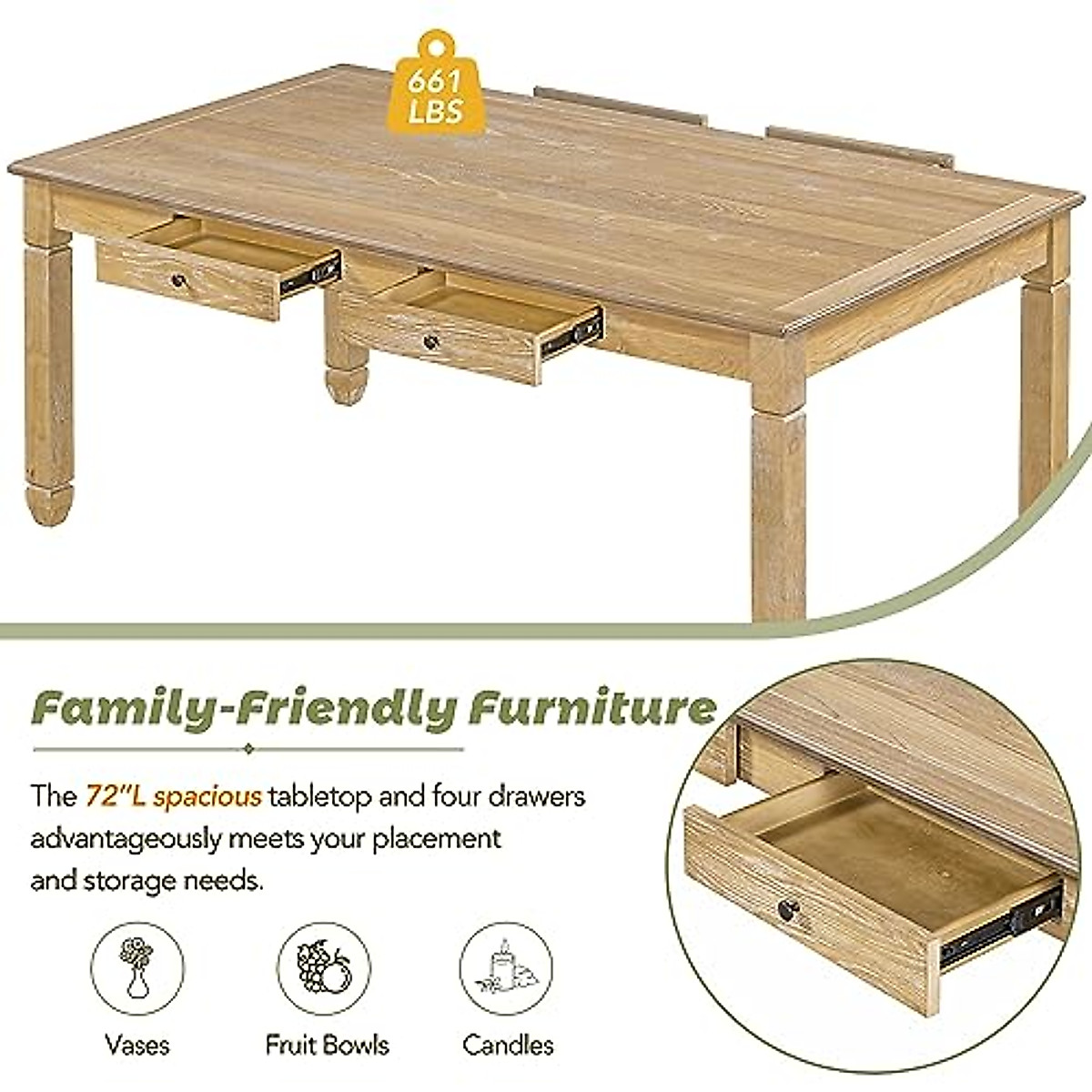 72'L Rectangular Dining Table Set for 6, Wooden Kitchen Table Set with 4 Drawers, 4 Upholstered Chairs & 1 Bench 6-Piece Retro Dining Room Table Set Kitchen Furniture Set for Family, Natural Wood Wash